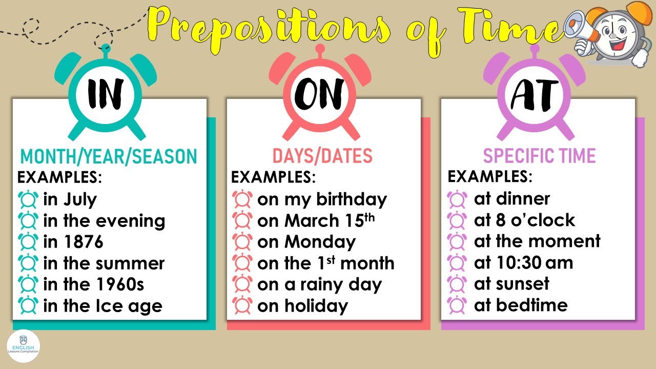 PREPOSITIONS OF TIME (AT-IN-ON) | Grammar | ELC - YouTube