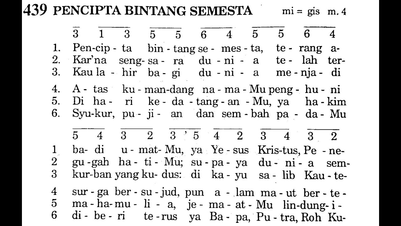 [Not] PENCIPTA BINTANG SEMESTA - Puji Syukur No. 439 - Lagu Masa Adven ...