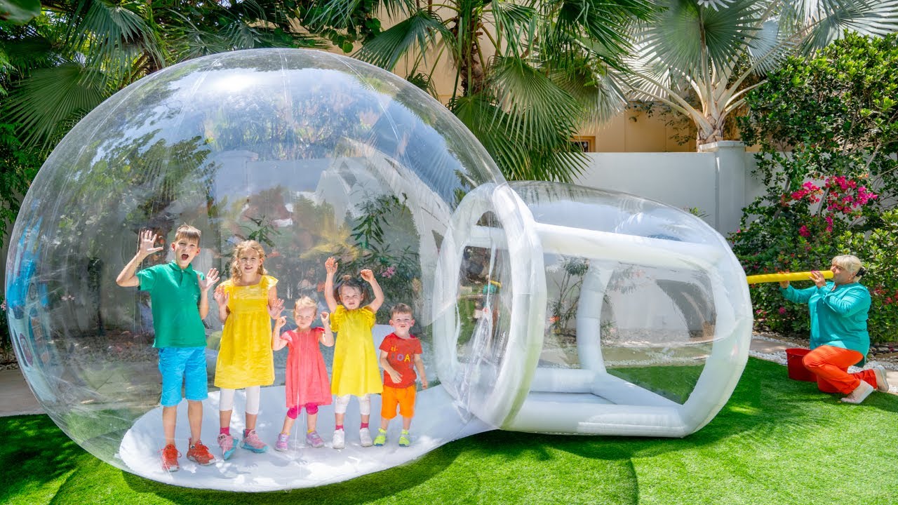Five Kids Build Inflatable House for Children | Hide and Seek in Bounce ...