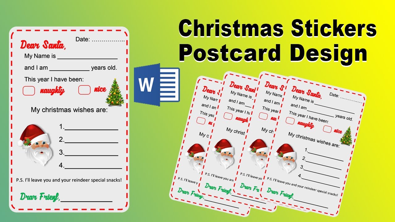 Christmas stickers postcard design in MS word || Printable Santa Letter ...