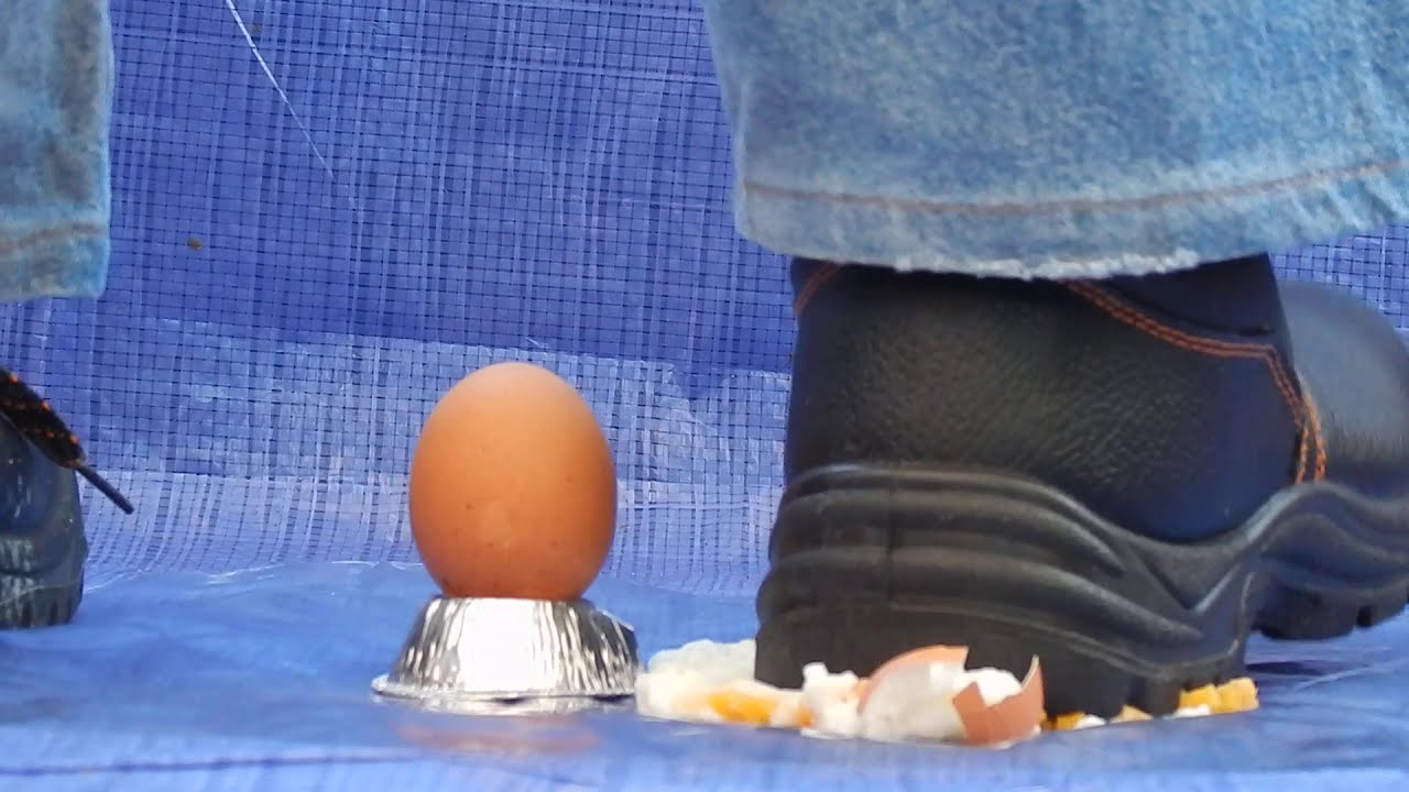 Steel toe worker boots crushing boiled eggs - YouTube