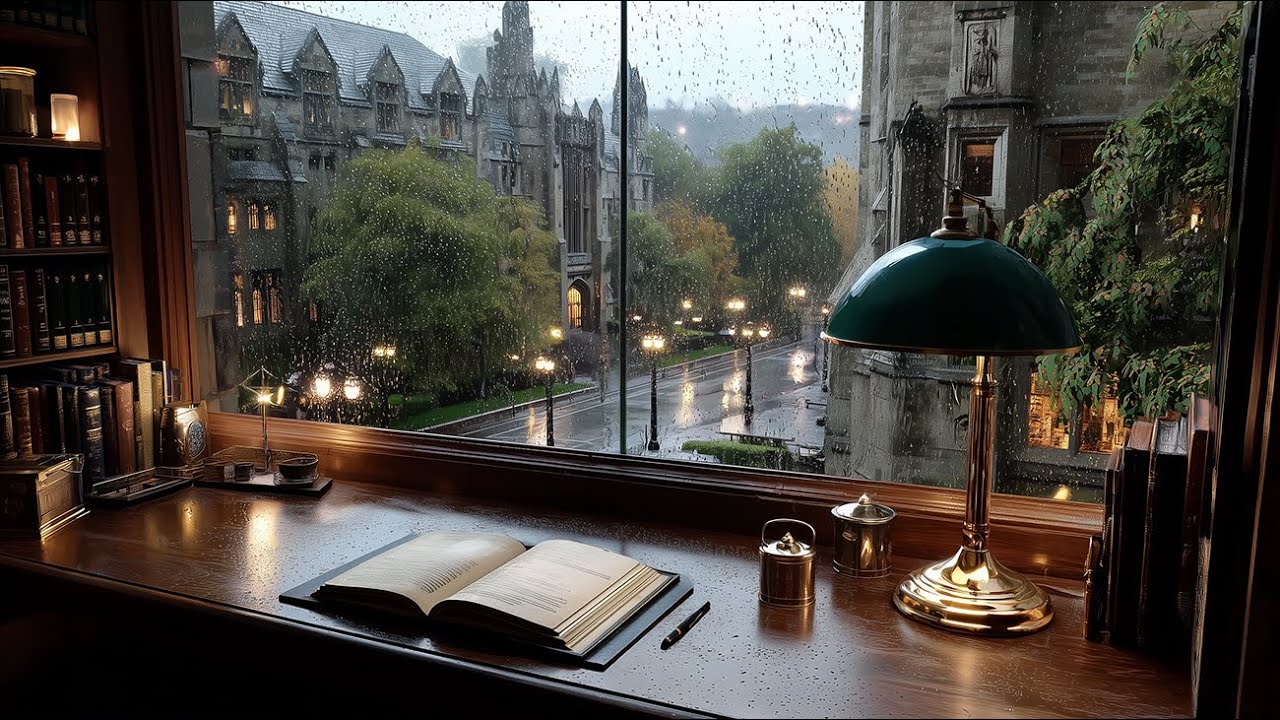 Rainy University Library Ambience | Desk Lamp & Cobblestone Quad • 8 ...