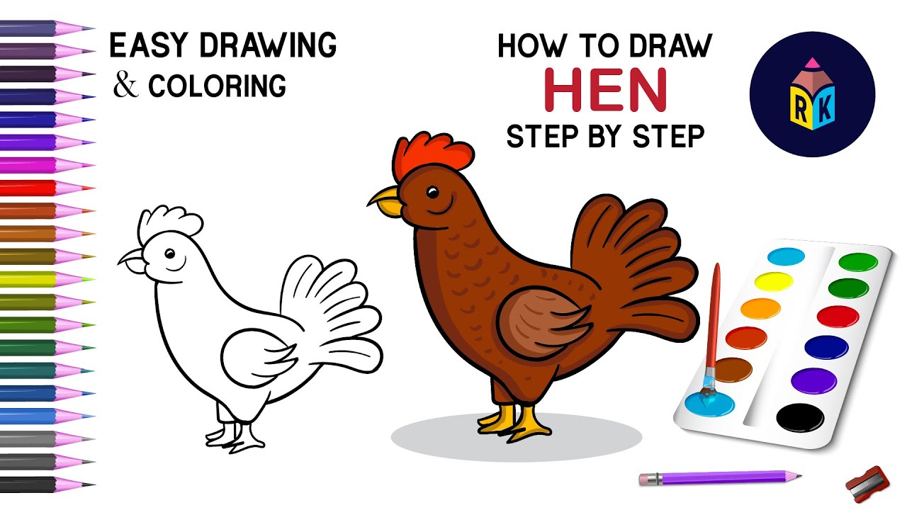 How to draw hen 🐔step by step, easy drawing and 🎨 coloring for kids ...
