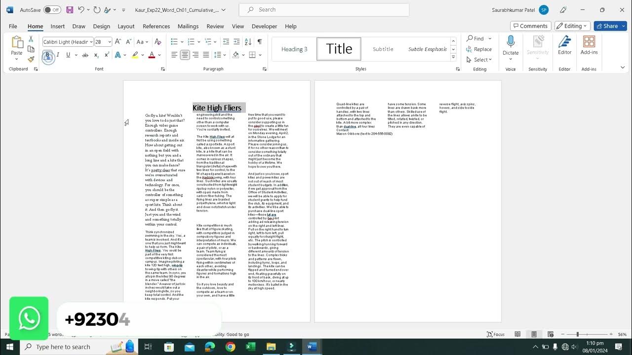Exp22_Word_Ch01_Cumulative_Kite | Word Ch01 Cumulative Kite - YouTube