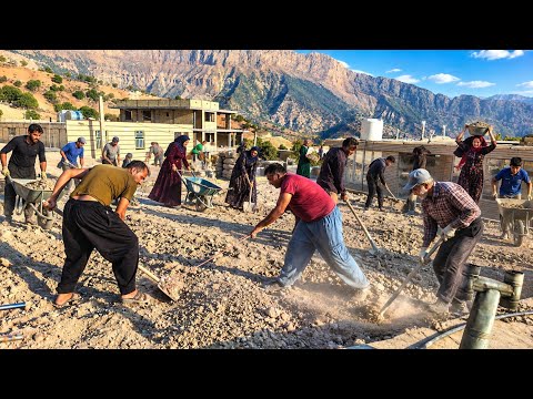 Villagers gathering again to help Mr. Dal's family spread soil on the roof.