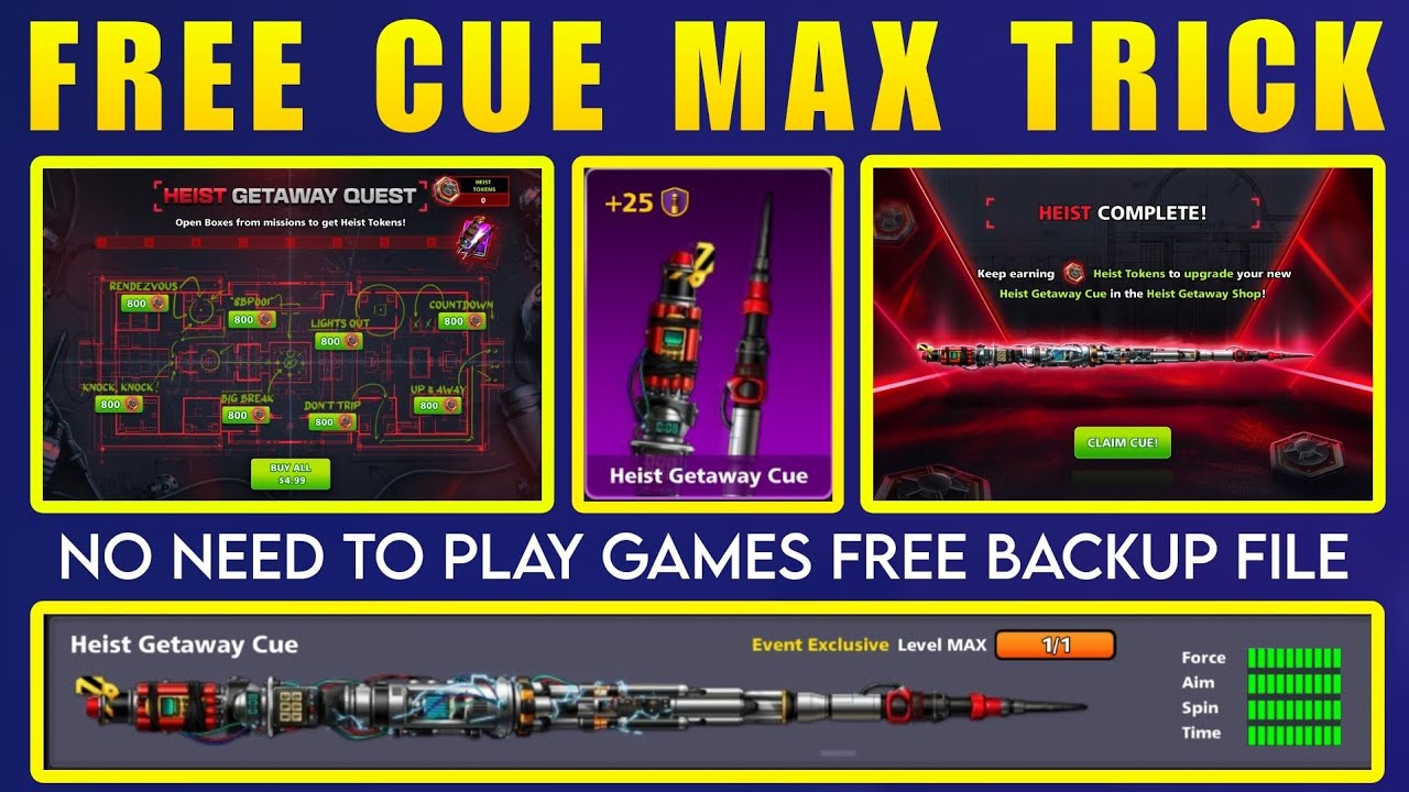 🎉 Heist Gateway Cue Max Trick - 8BallPool Free Cue Trick || Free Quest ...