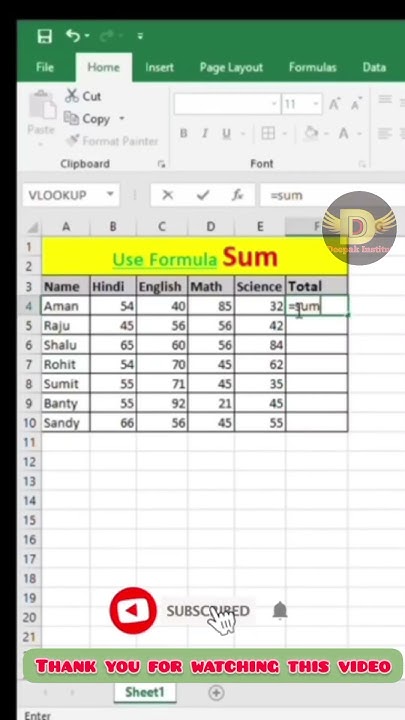 Use Sum Formula In Excel | Excel Sum Formula In Hindi #computereducation #exceltricks #exceltips ...