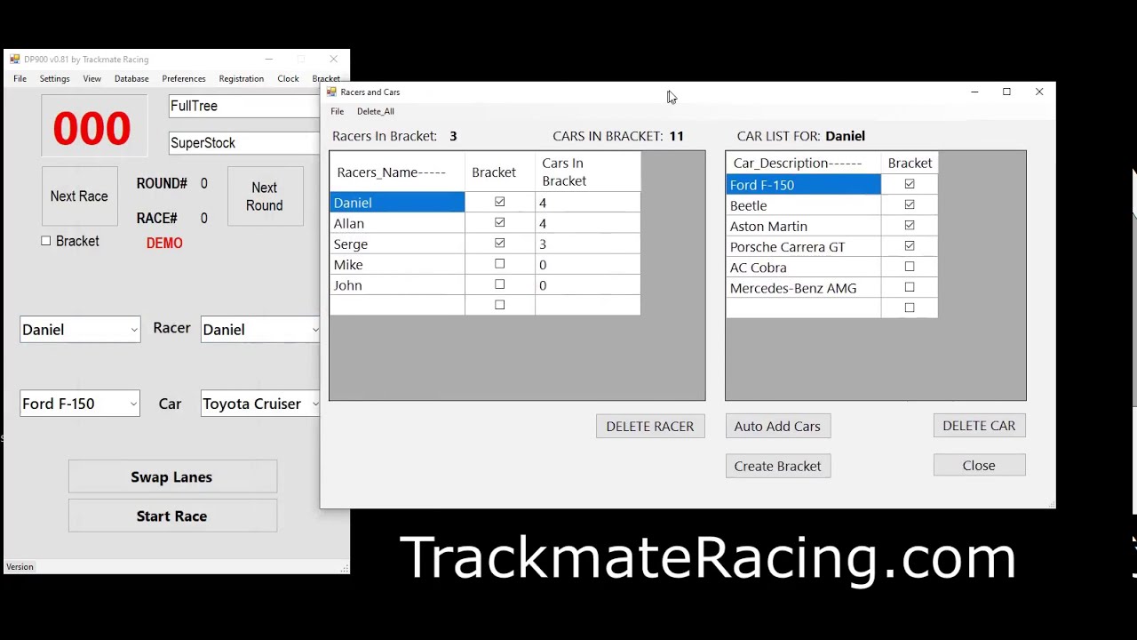 Trackmate Racing bracket Racing software - YouTube