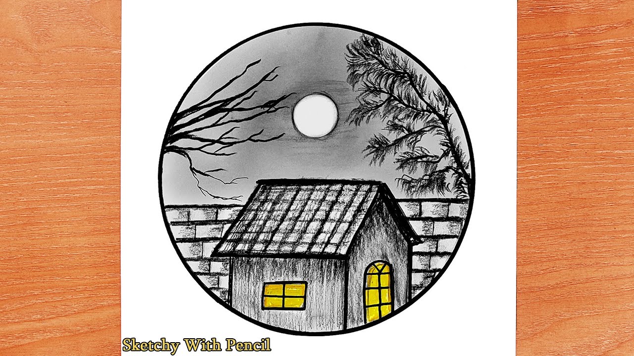 House and moon scenery Drawing / easy pencil drawing drawing / Work ...