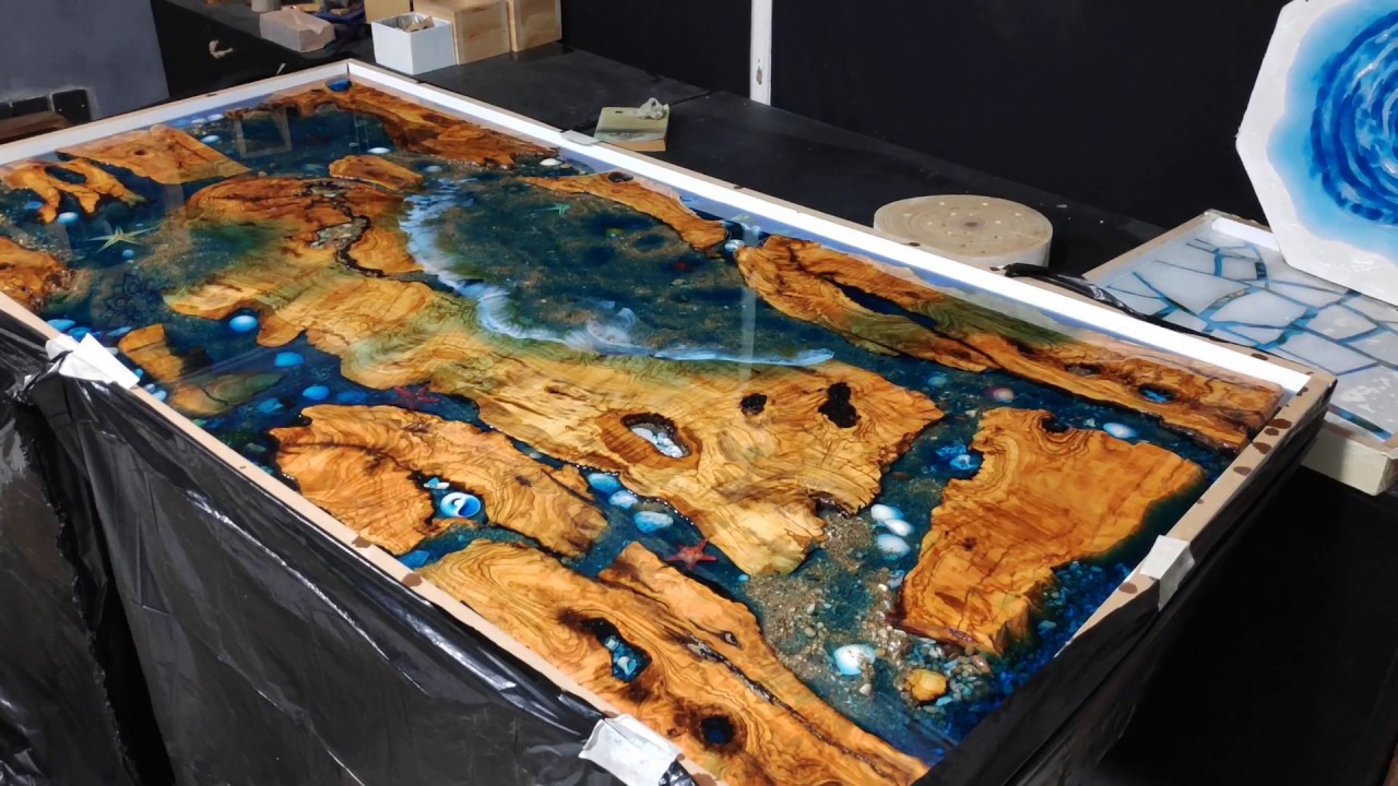 Big olive wood and sea shells Epoxy resin table art - Agartha Workshop ...