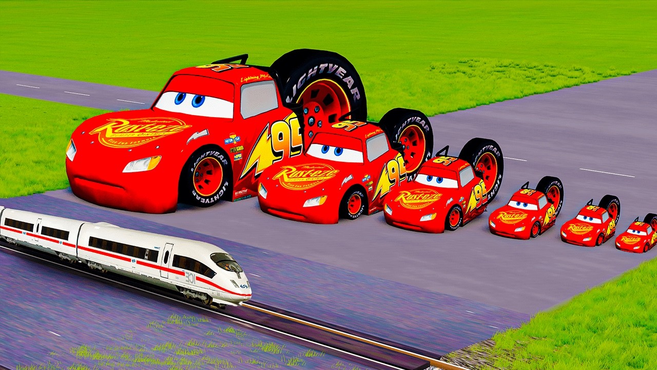 Big & Small Lightning Mcqueen with One Wheel VS Trains | BeamNG.drive ...