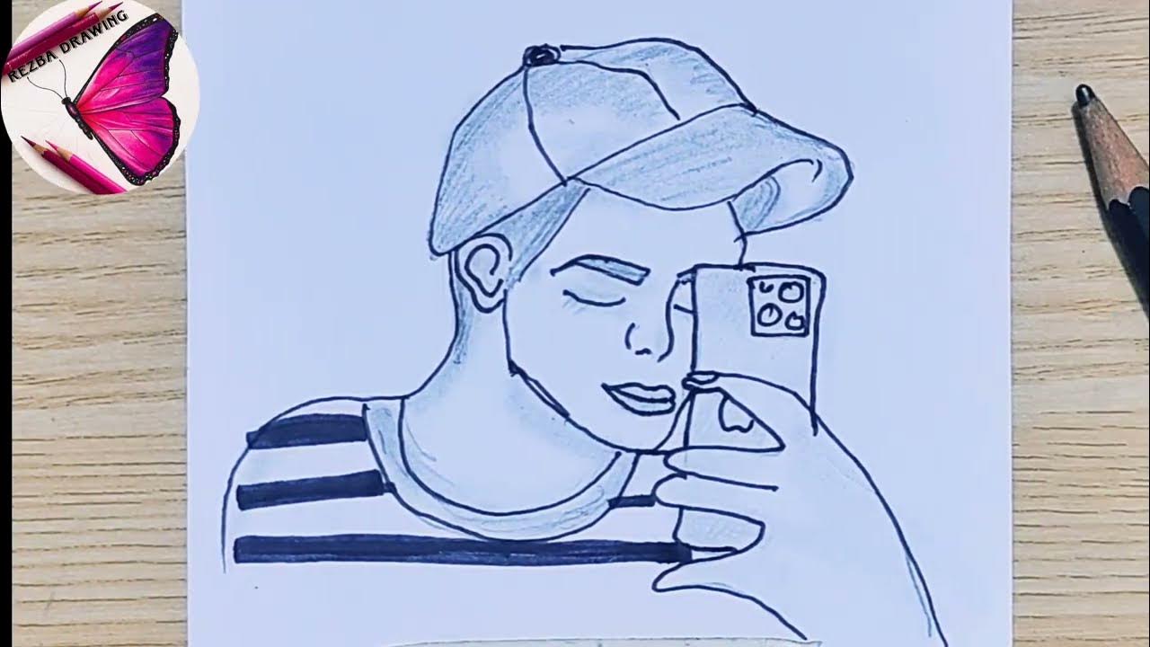 How to draw a Boy taking selfie -Drawing easy | Pencil sketch for beginner | Boy drawing easy ...