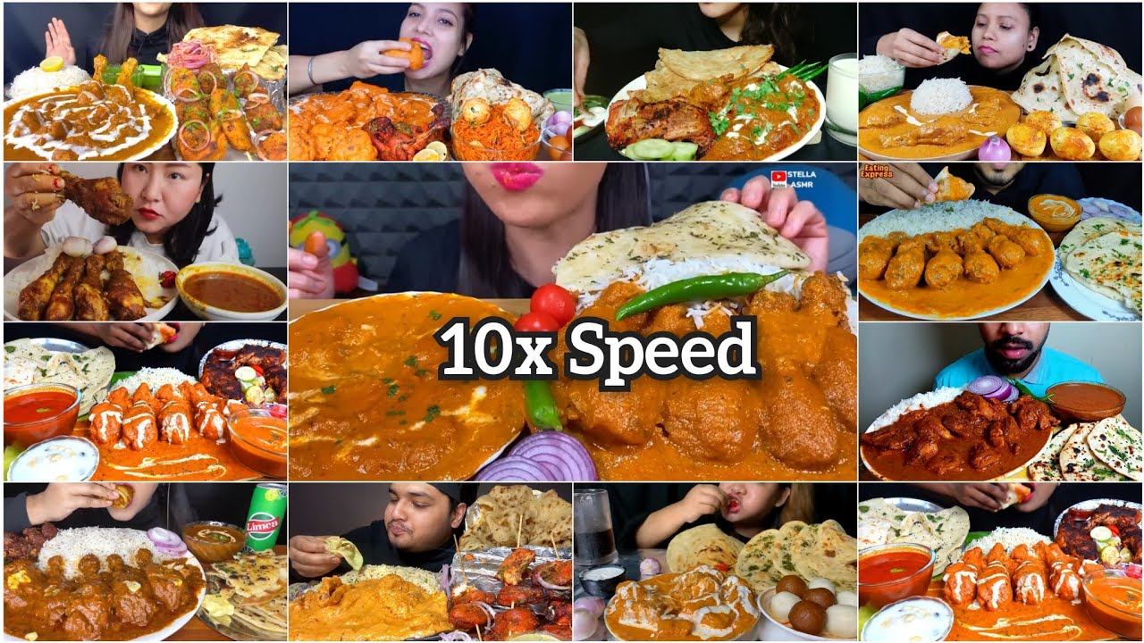 10x Speed Eating | Spicy Butter Chicken With Rice & Butter Naan ...