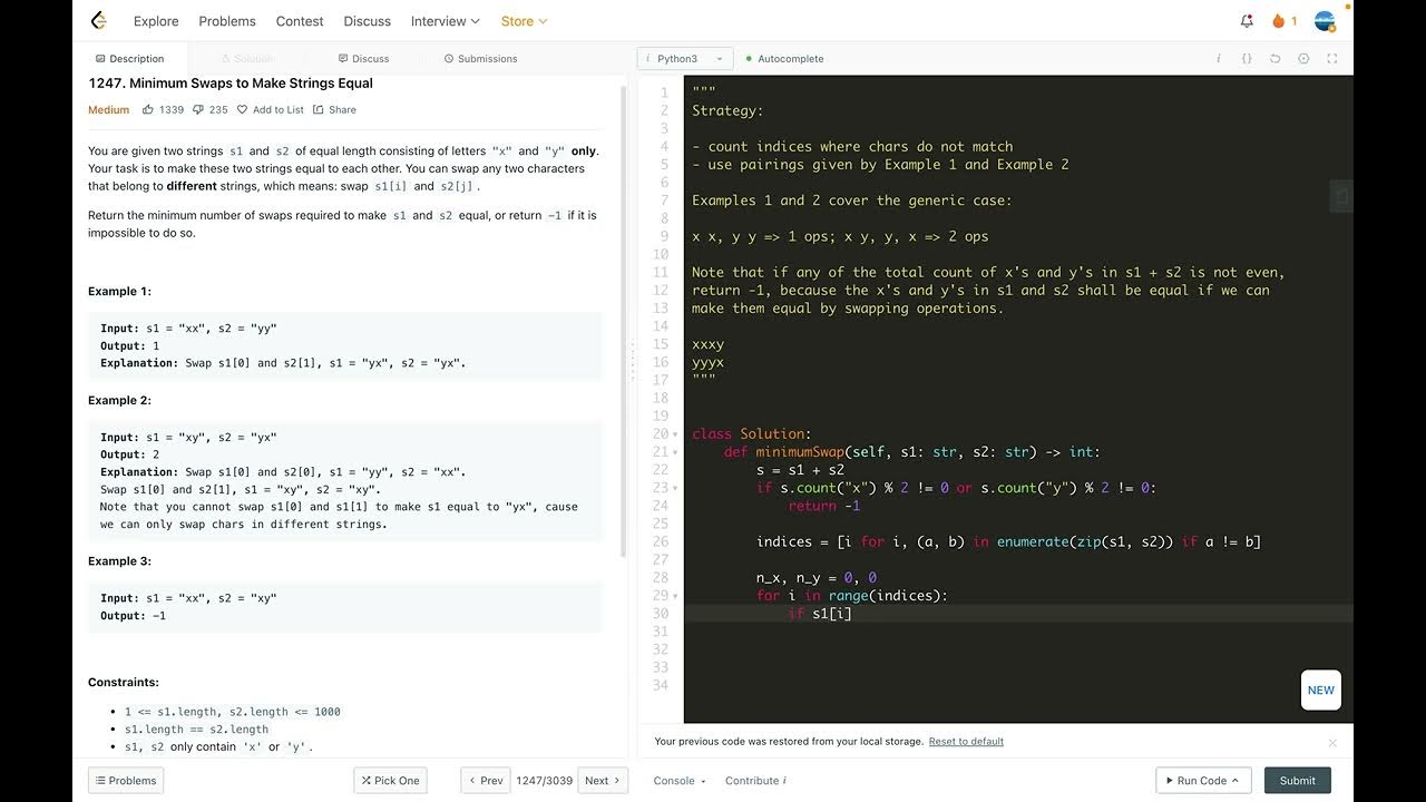 Leetcode 1247 Minimum Swaps To Make Strings Equal Count And Distribute Youtube