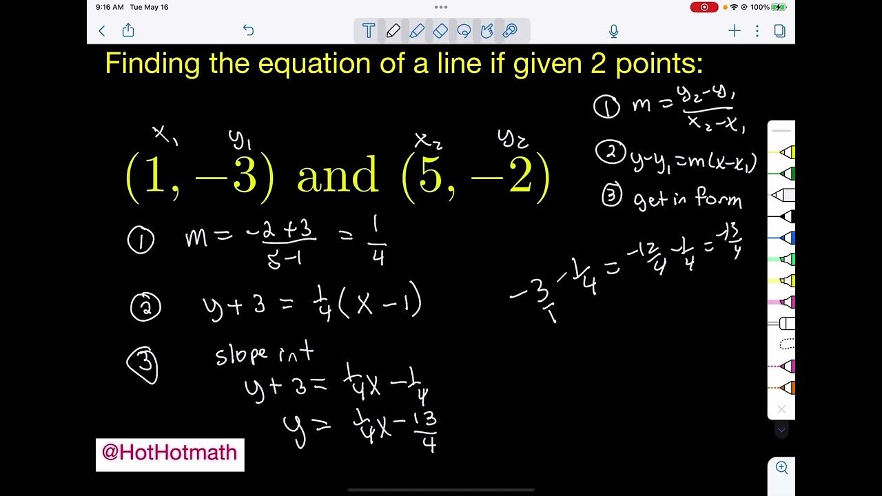 Finding the equation of a line given 2 points (example) - YouTube