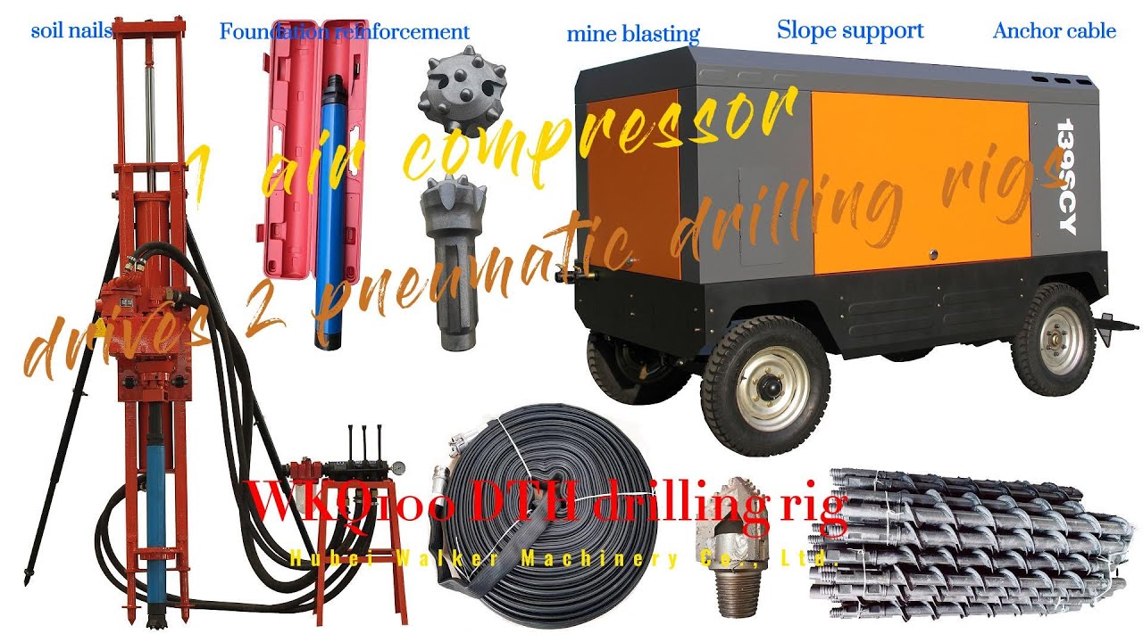 One air compressor drives two pneumatic drilling rigs - YouTube