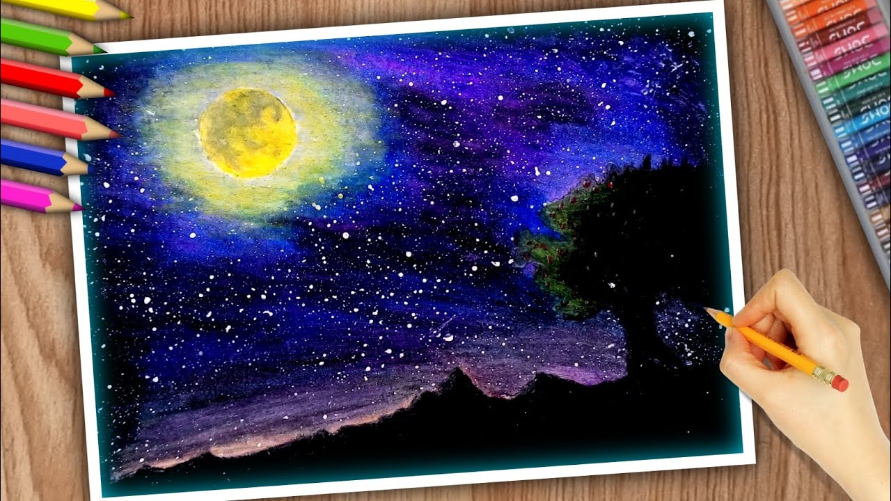 Beautiful night moon scenery drawing with oil pastels || Scenery ...