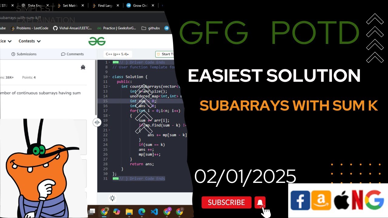 Subarrays with sum K | gfg potd today | POTD | GFG Problem of the Day | C++ | - YouTube