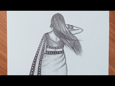 How to draw a beautiful lady with sharee|| Girl drawing easy step by ...
