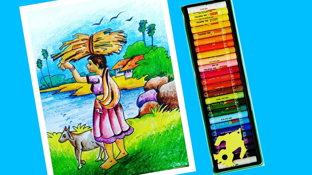 Beautiful village scenery drawing with figure.//.Oil pastel village scenery drawing. Sandip Maji ...