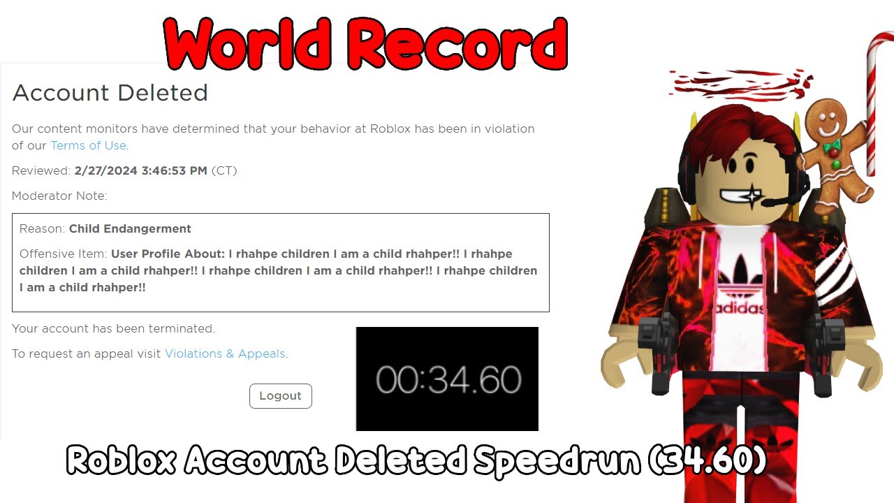 Roblox Account Deleted Speedrun (WR) 34.60 Seconds!! - YouTube