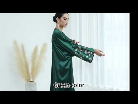 Loriya Floral Embroidery Long Sleeves Satin Black Abaya Muslim Dress Open Front Kimono Abaya#abaya