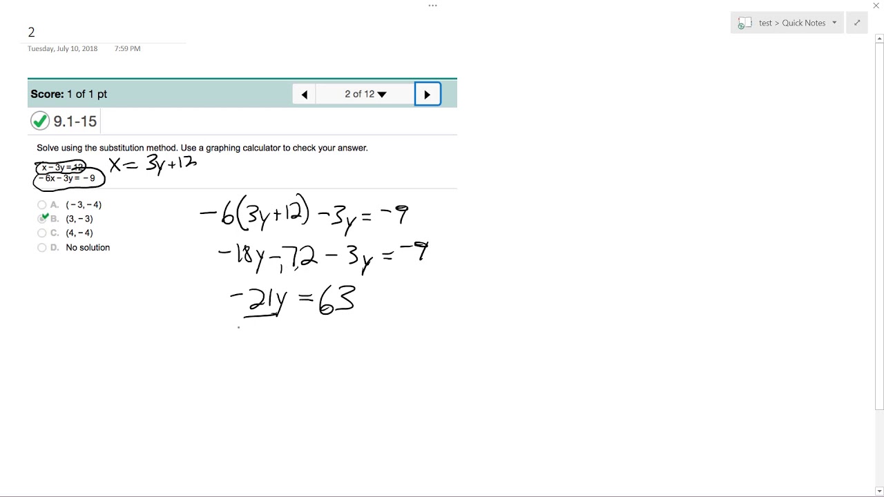 Solve Using The Substitution Method X 3y 12 6x 3y 9 YouTube