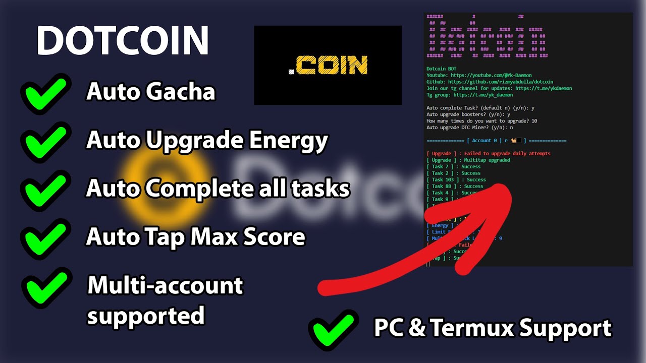 DOTCOIN Automation Script | Auto Complete Tasks, upgrade energy, Tap ...