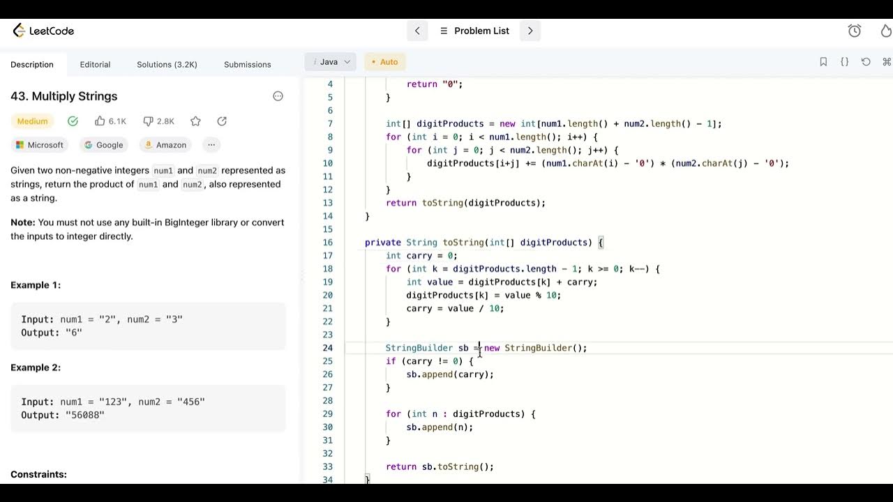 Leetcode 43 Multiply Strings 中文解题思路 Java String Youtube