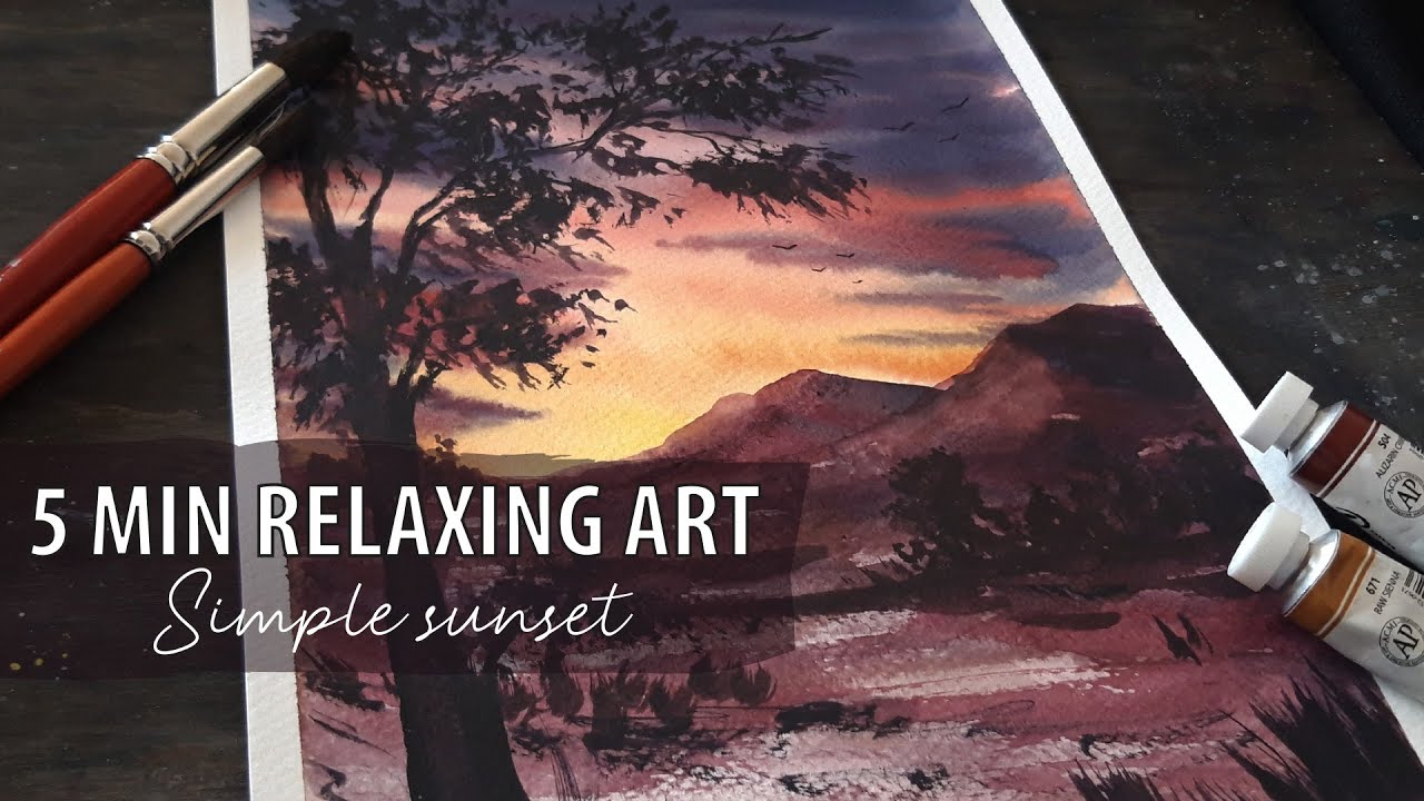 ASMR Watercolor Painting [5 min Music version] - "Simple Sunset ...