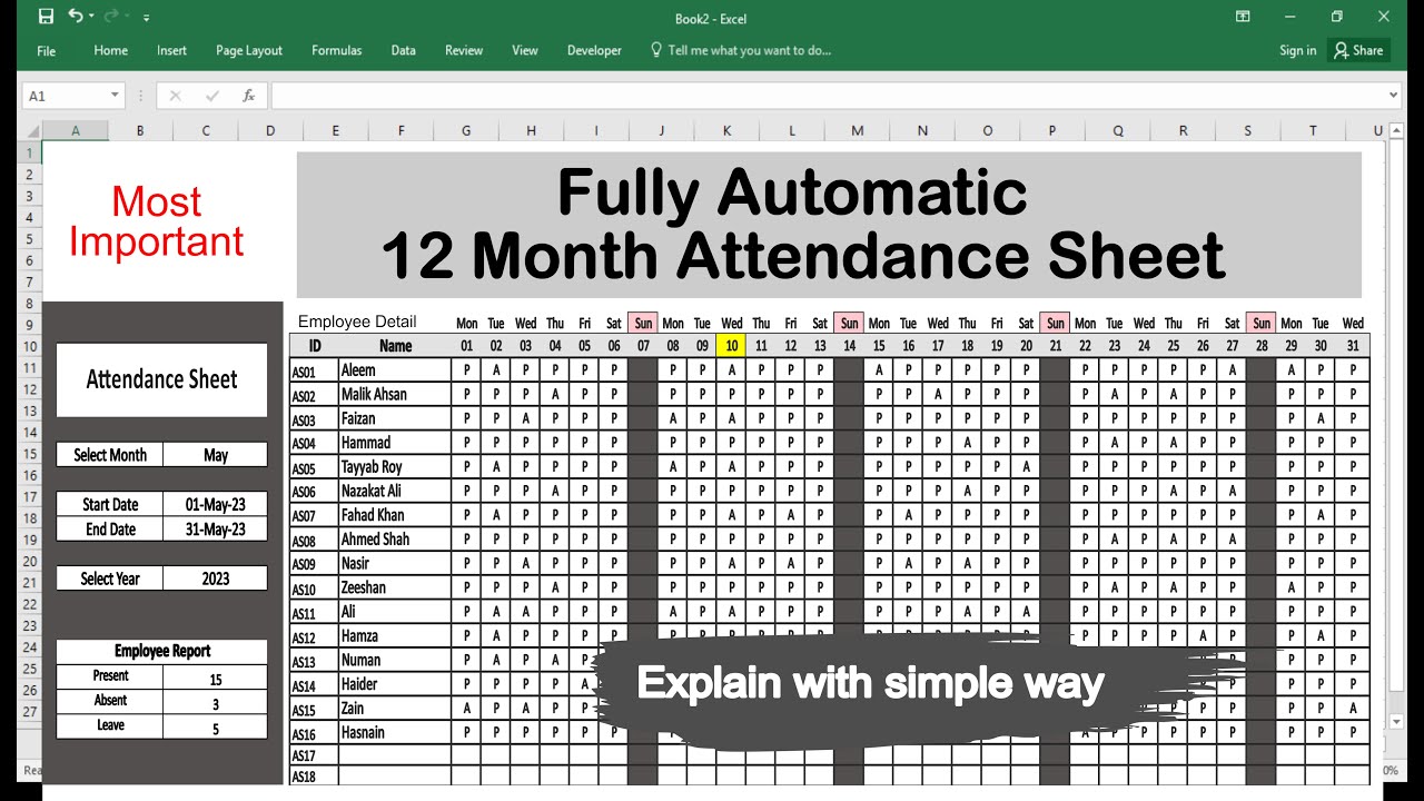Fully Automatic Attendance Sheet in Excel - YouTube