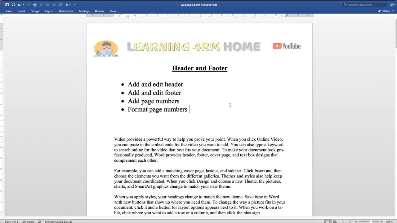 MS WORD Tutorials for Beginners - 25 - Header and Footer for Slides ...