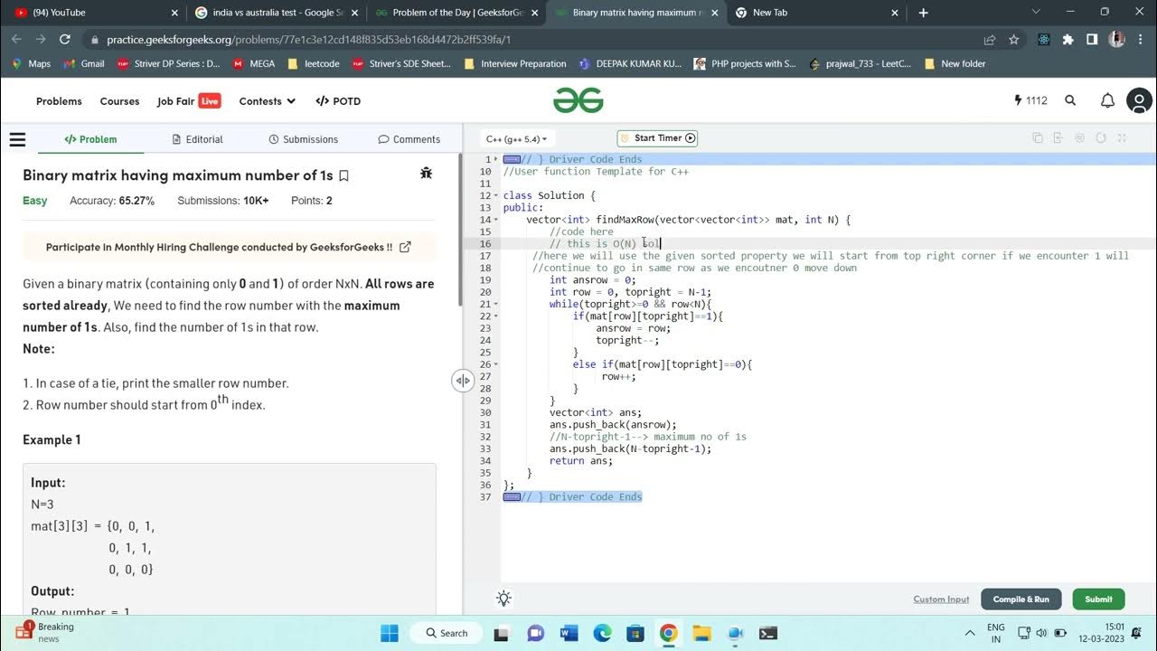 GFG problem of the day the most efficient solution O(N) time complexity without using binary ...