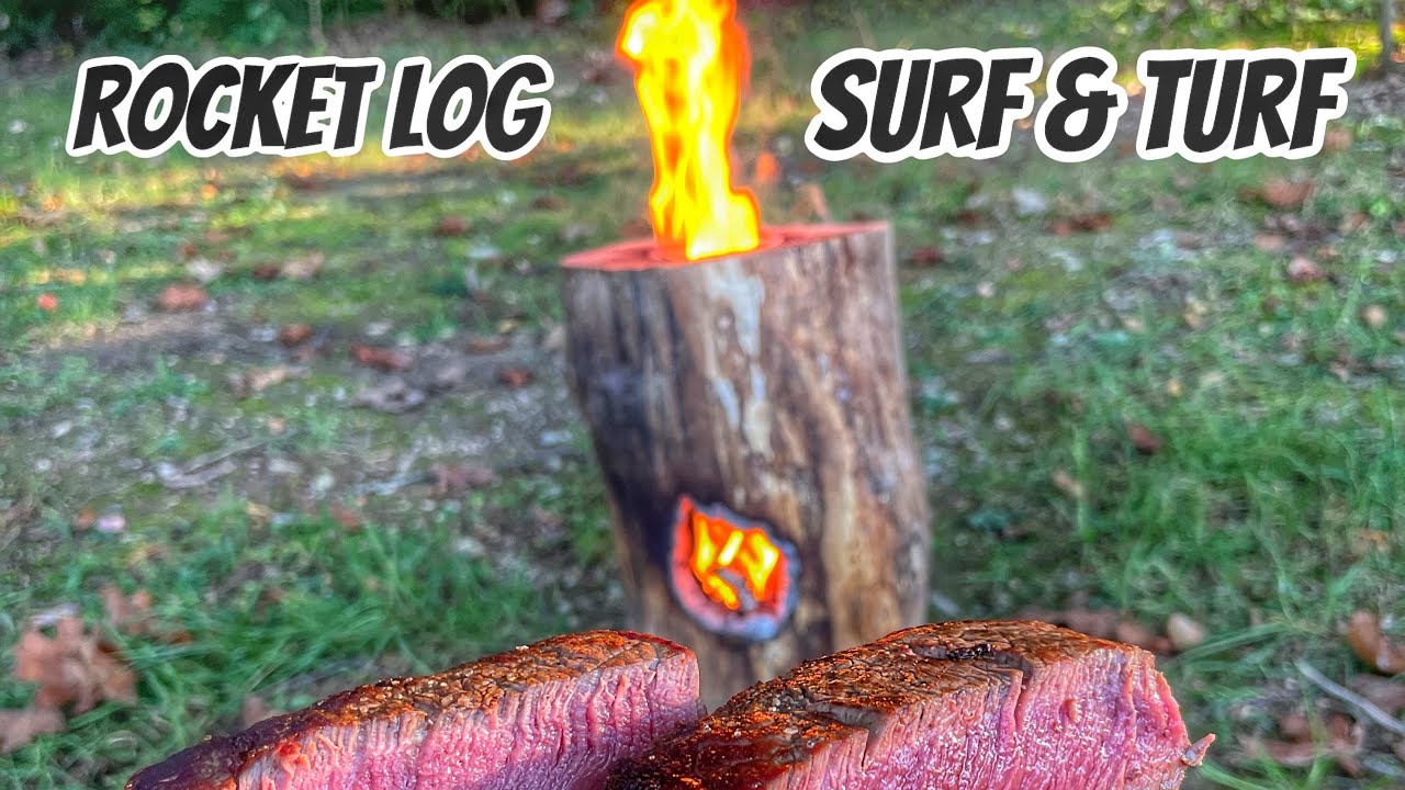 Rocket stove surf & turf - Jet Wood Log - bushcraft fire - YouTube