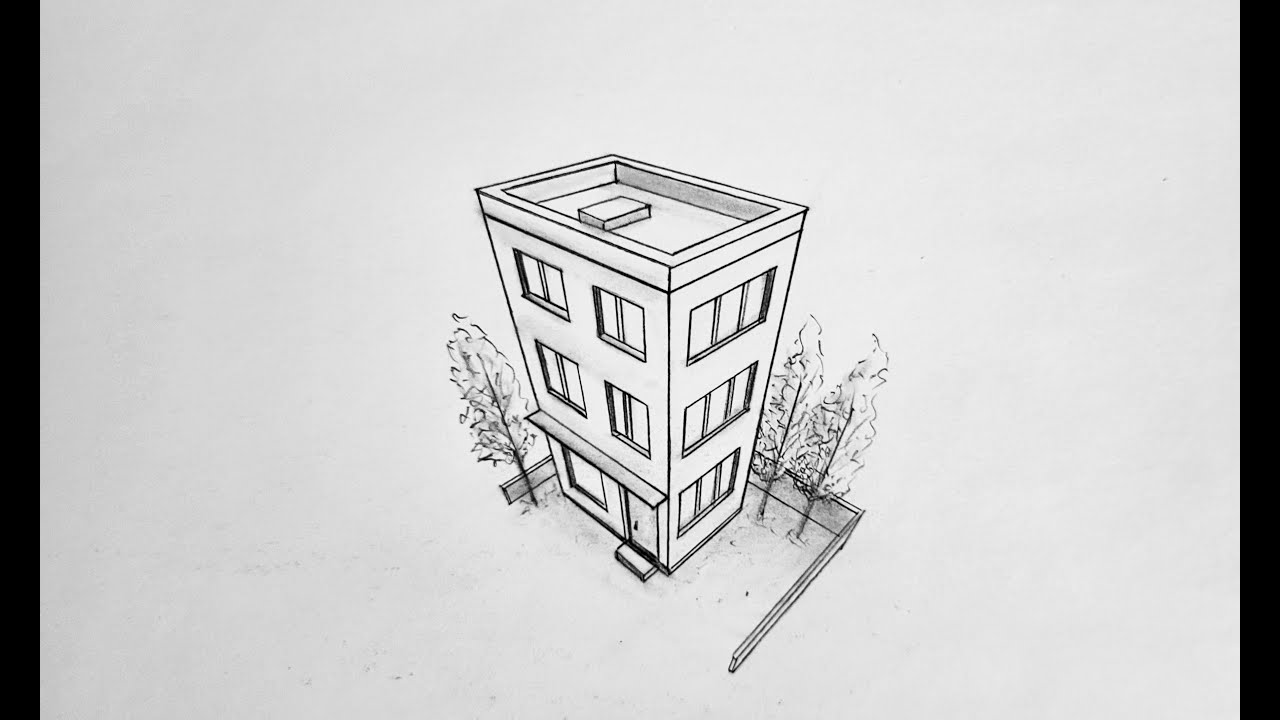 How to draw a house in three point perspective, bird's eye view - YouTube