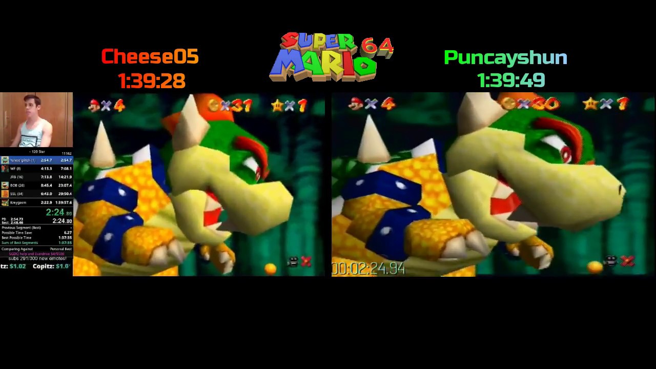 Super Mario 64 Speedruns: Cheese05 (1:39:28) Vs Puncayshun (1:39:49 ...
