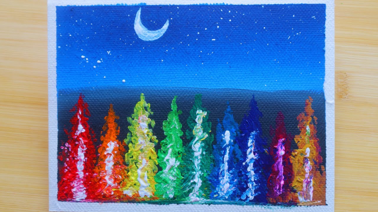 Moonlight Night & Rainbow tree Painting | Acrylic Painting for ...