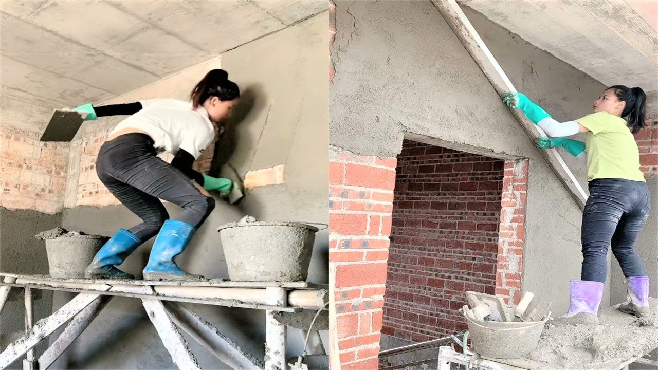 Young girl with great cement mortar skills-Great engineering in ...