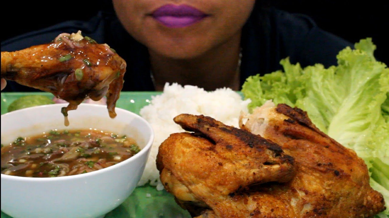Eating Fried chicken with tamarind sauce, salad/ angkor asmr show - YouTube