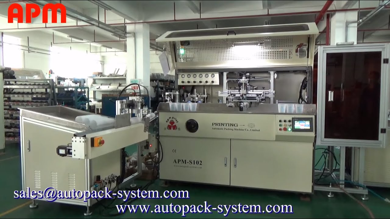 APM-S102C automatic cup screen printer with LED drying - YouTube
