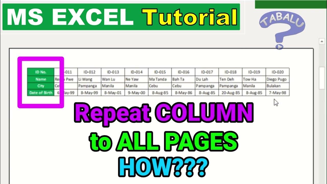 Excel tutorial ep40: Repeat Column to ALL Pages - YouTube