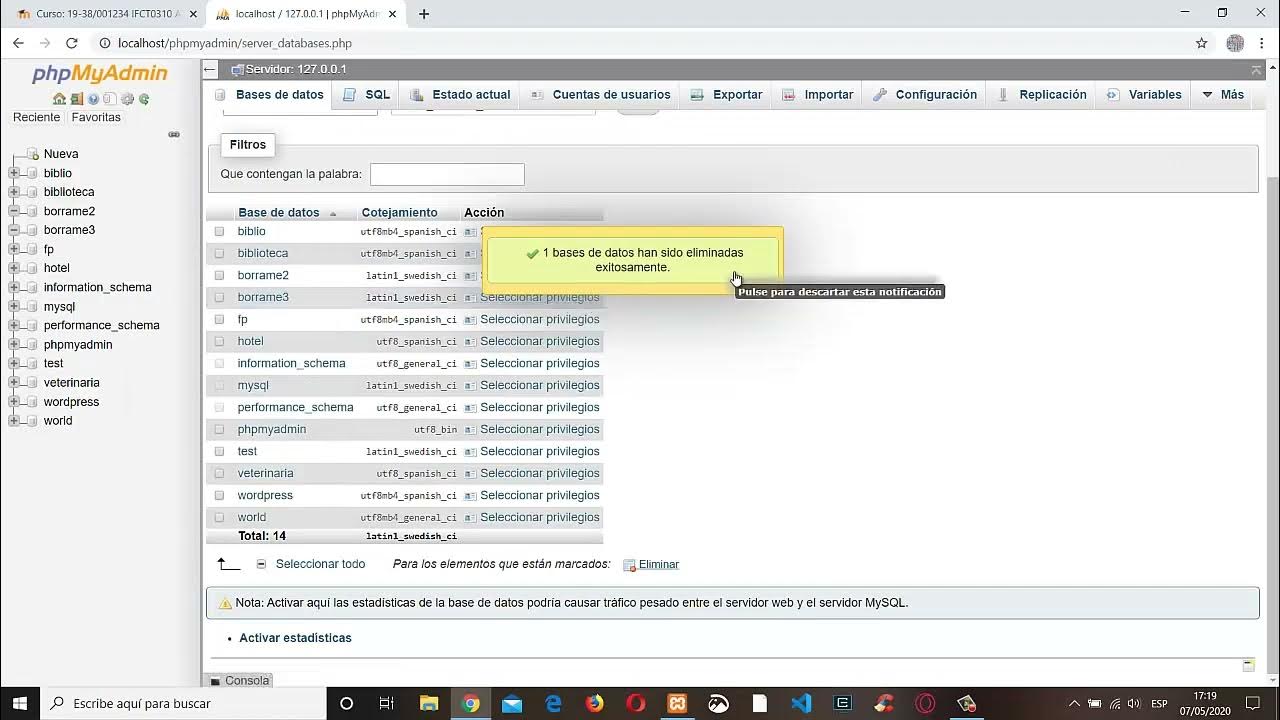 Borrar una base de datos en phpMyAdmin - YouTube