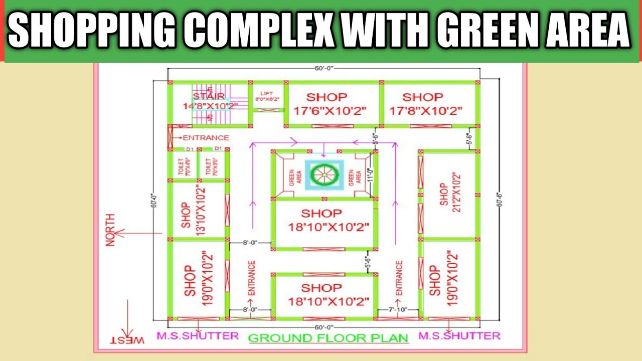 How to Draw Architectural plan of Shopping Complex(60'0"x60'0")||Auto ...