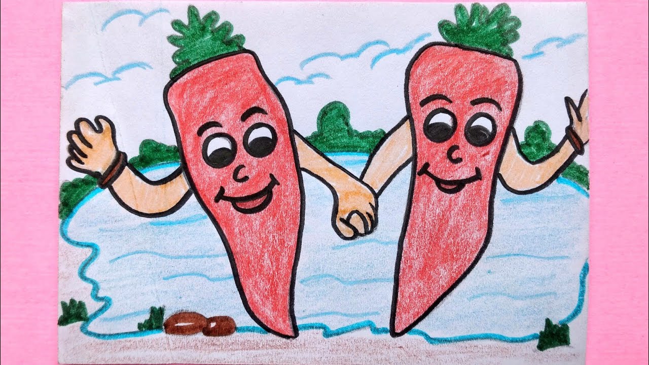 How To Draw Two Carrot Friends near a pond / Easy drawing tutorial step ...