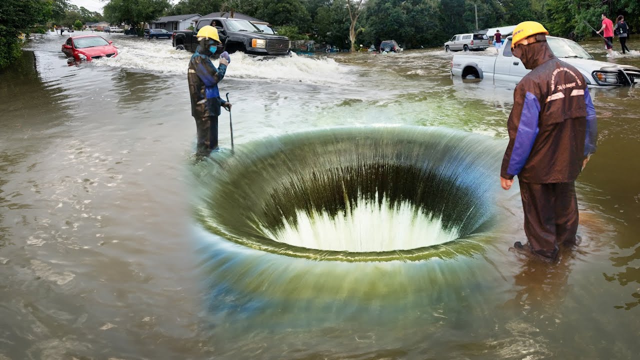 Flood Relief Rapid Removal of Debris Unblocks Overflowing Storm Drain ...