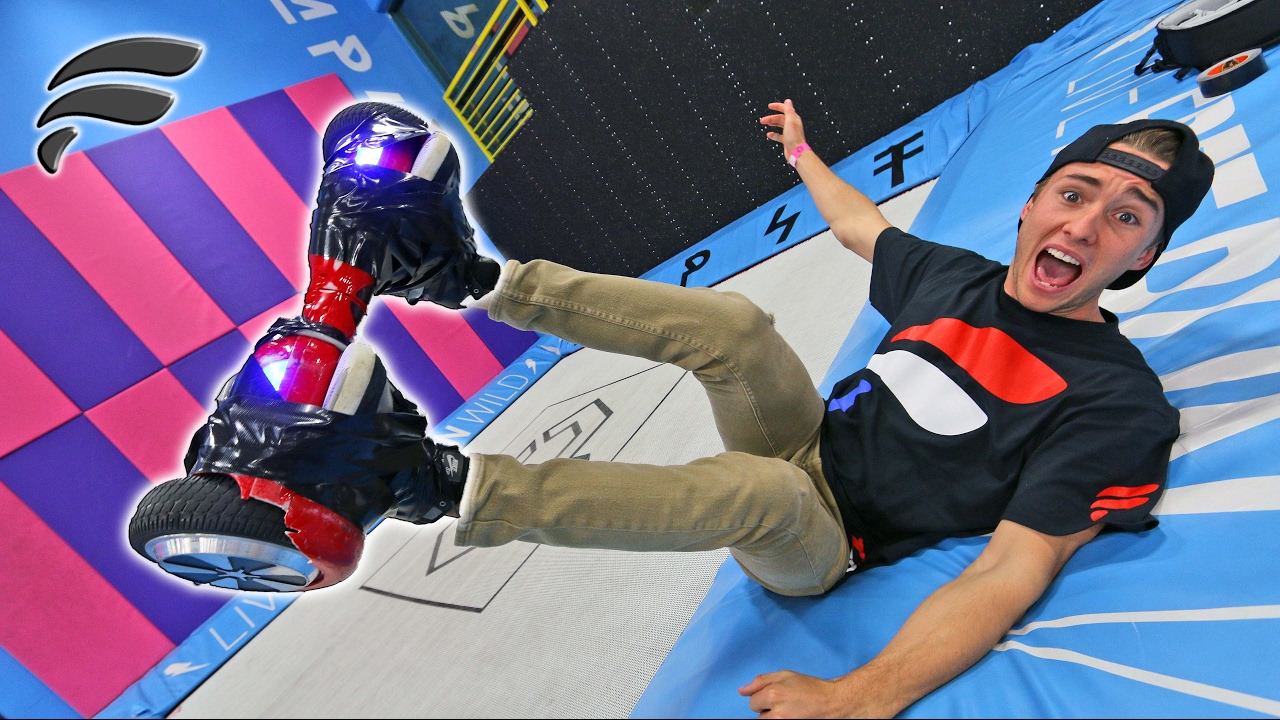 HOVERBOARD DUCT TAPED TO FEET VS SUPER TRAMPOLINE - YouTube