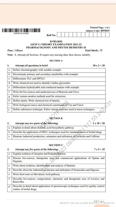 B pharm PYQs 5th semester pharmacognosy and phytochemistry 2021-22 ...
