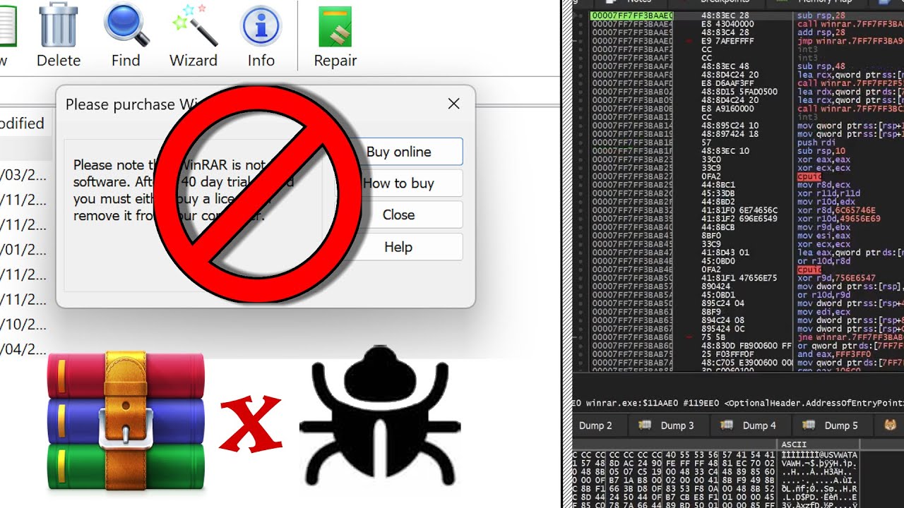 How to REMOVE WinRAR LICENSE POP-UP by YOURSELF using x64dbg - YouTube