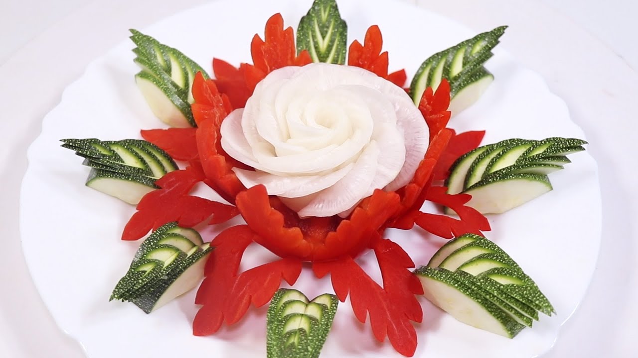 Vegetable Carving: Radish and Bell Pepper Flower Carving Garnish - YouTube
