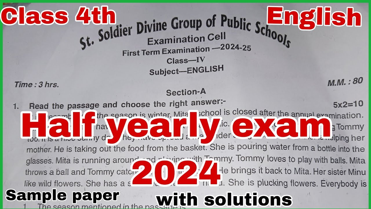 Class 4th English | Half yearly exam 2024 | sample paper with solutions ...